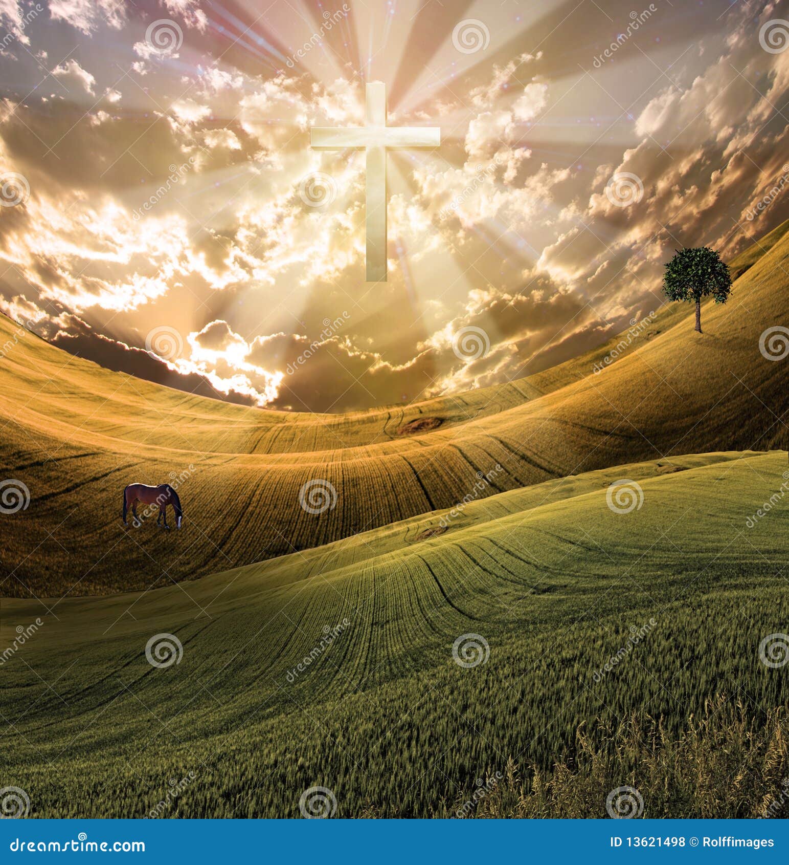 Cross Radiates Light in Sky Stock Illustration - Illustration of hill ...