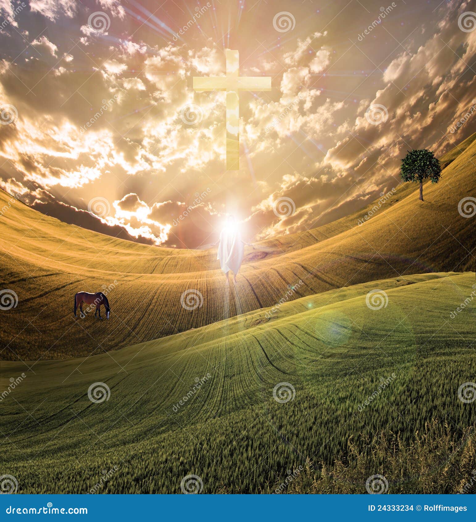 Cross Radiates Light in Sky Stock Illustration - Illustration of jesus ...