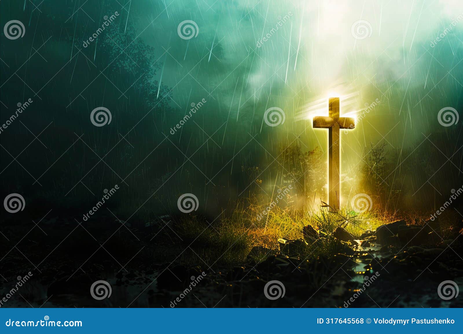 A Cross in the Rain with a Bright Light Shining through Stock Photo ...