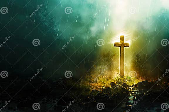 A Cross in the Rain with a Bright Light Shining through Stock Photo ...