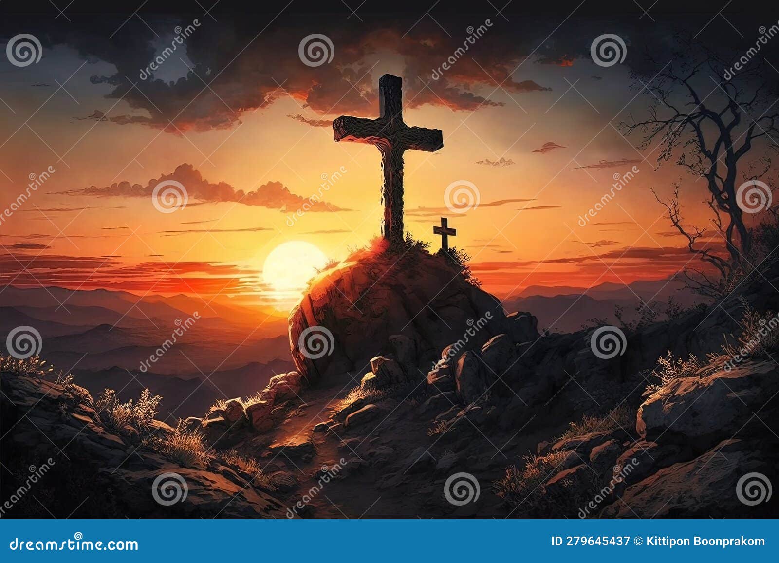 Cross on the Rock with Sunset in the Background. 3d Illustration Stock ...