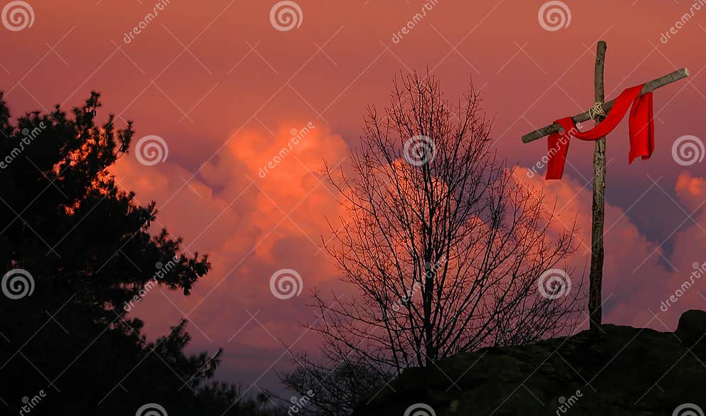 Cross and Scarlet Linen stock image. Image of sunset, world - 1166429