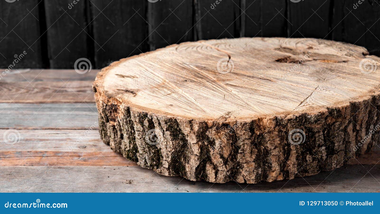 Cross Section of the Big Old Tree on a Rustic Table Stock Photo - Image ...