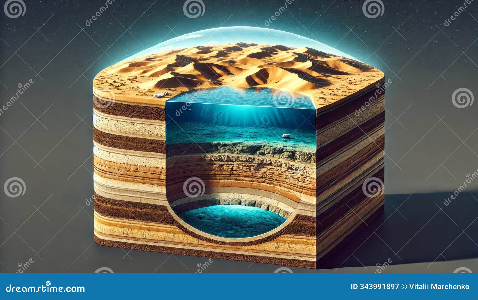 Cross-section of Desert Landscape with Subterranean Ocean Layers Stock ...