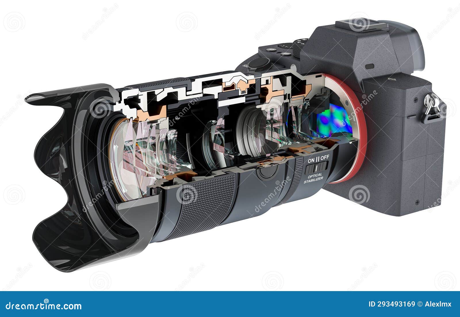 Cross Section of Mirrorless Digital Camera with Zoom Lens, 3D Rendering ...
