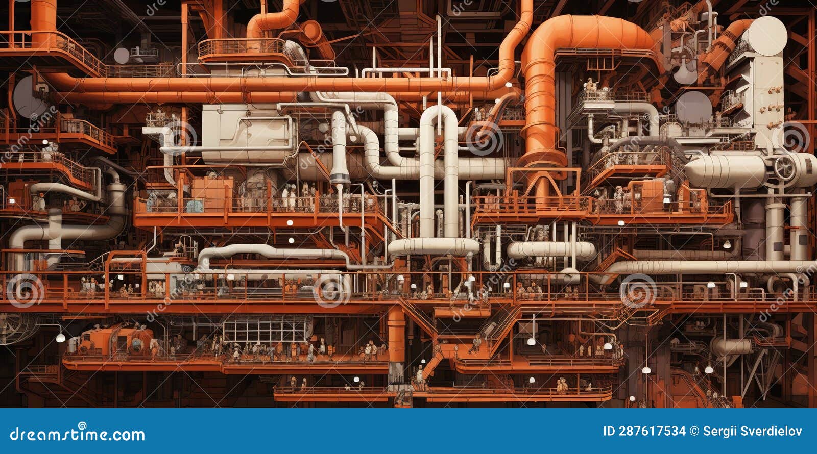 A Cross-sectional Visualization of a Large Factory, Depicting Production Processes and ...