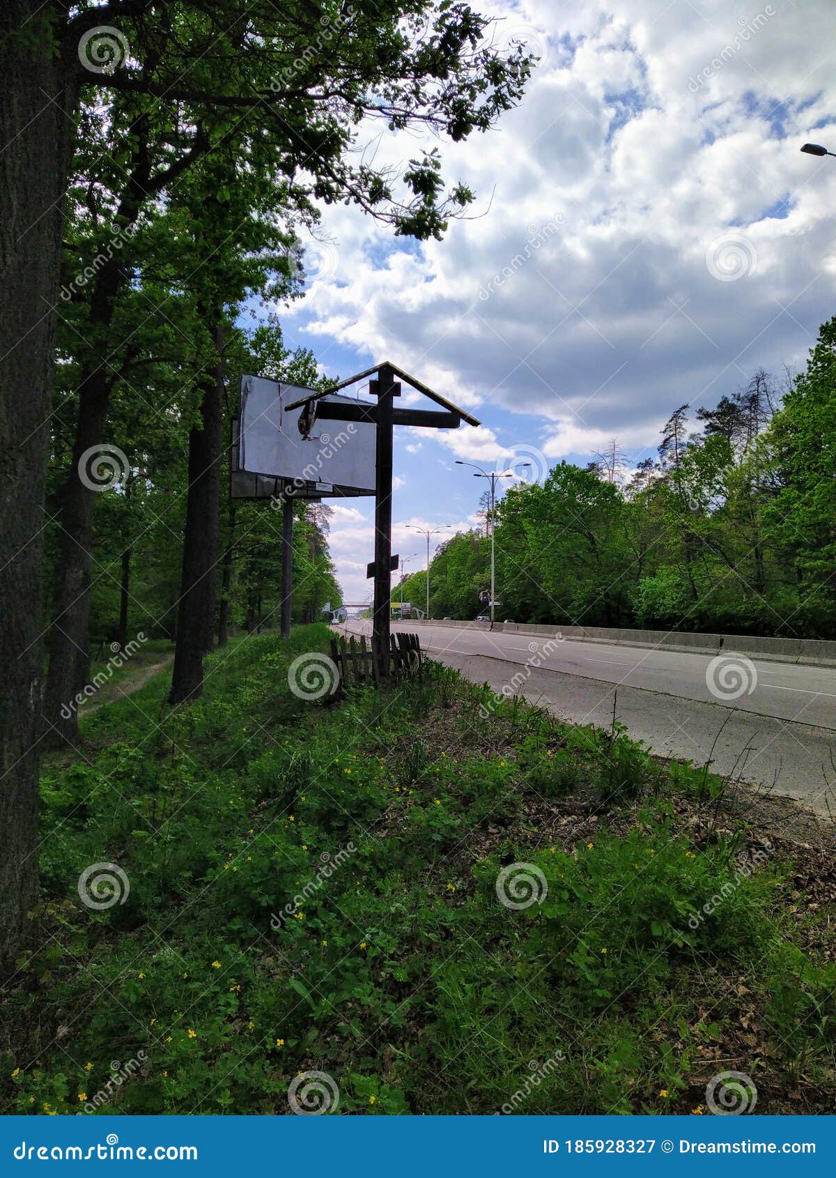 Cross Sign between Highway Road and Spring Forest Stock Image - Image ...