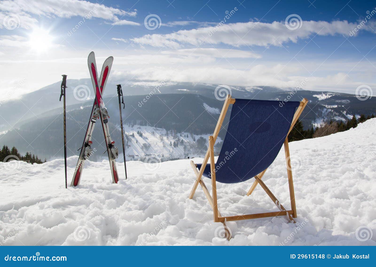 Cross Ski and Empty Sun-lounger at Mountains in Winter Stock Photo ...