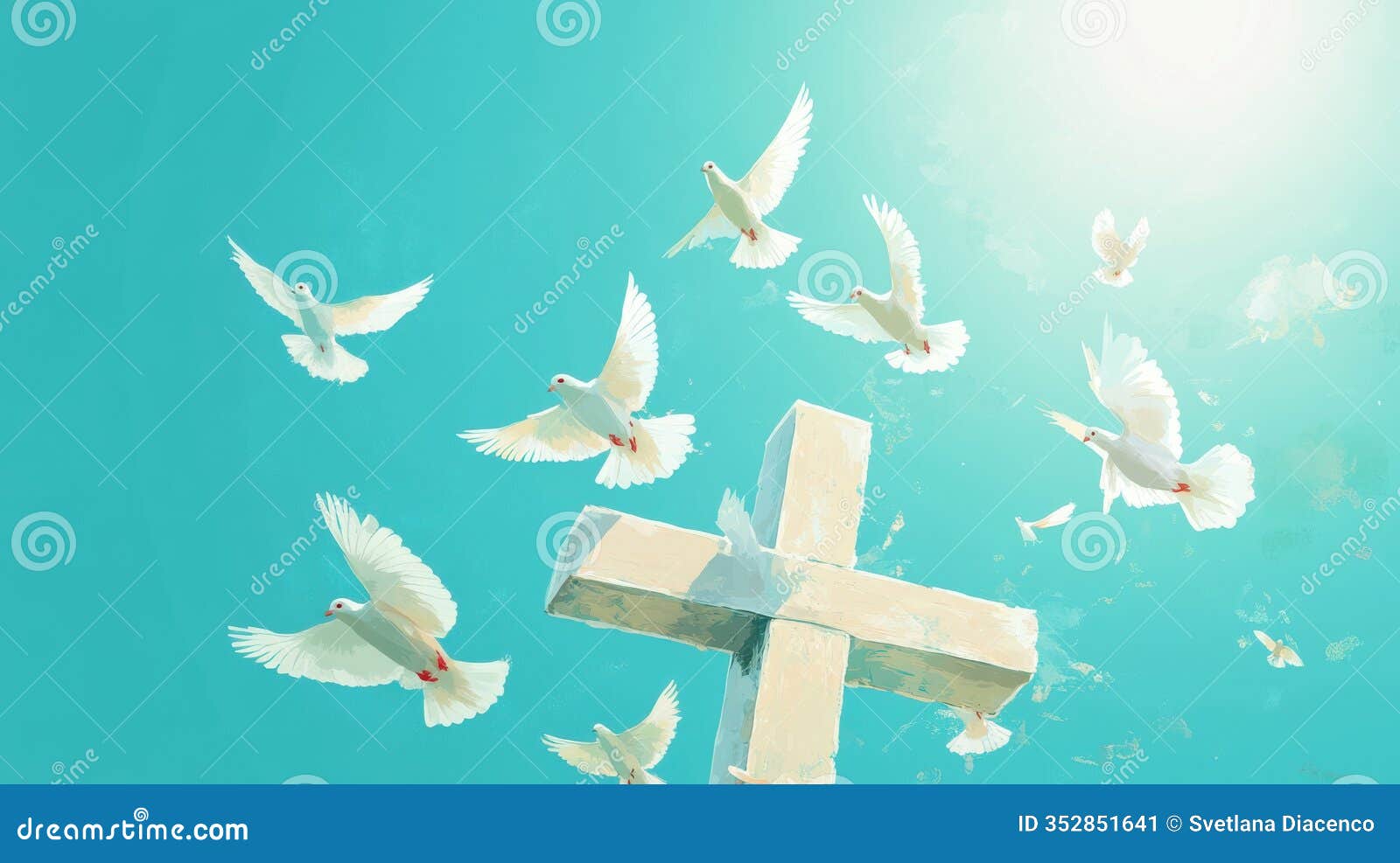 Cross and Soaring Doves Under Bright Sky, Symbol of Freedom. Easter ...