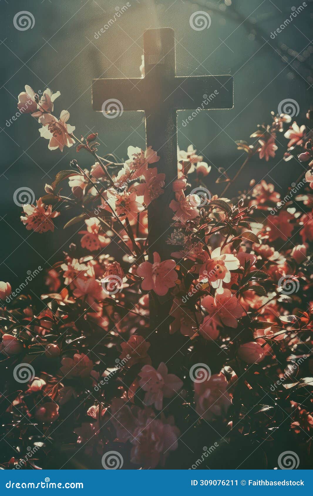 Cross and Spring Flowers in the Field. Retro Style Toned Image Stock ...