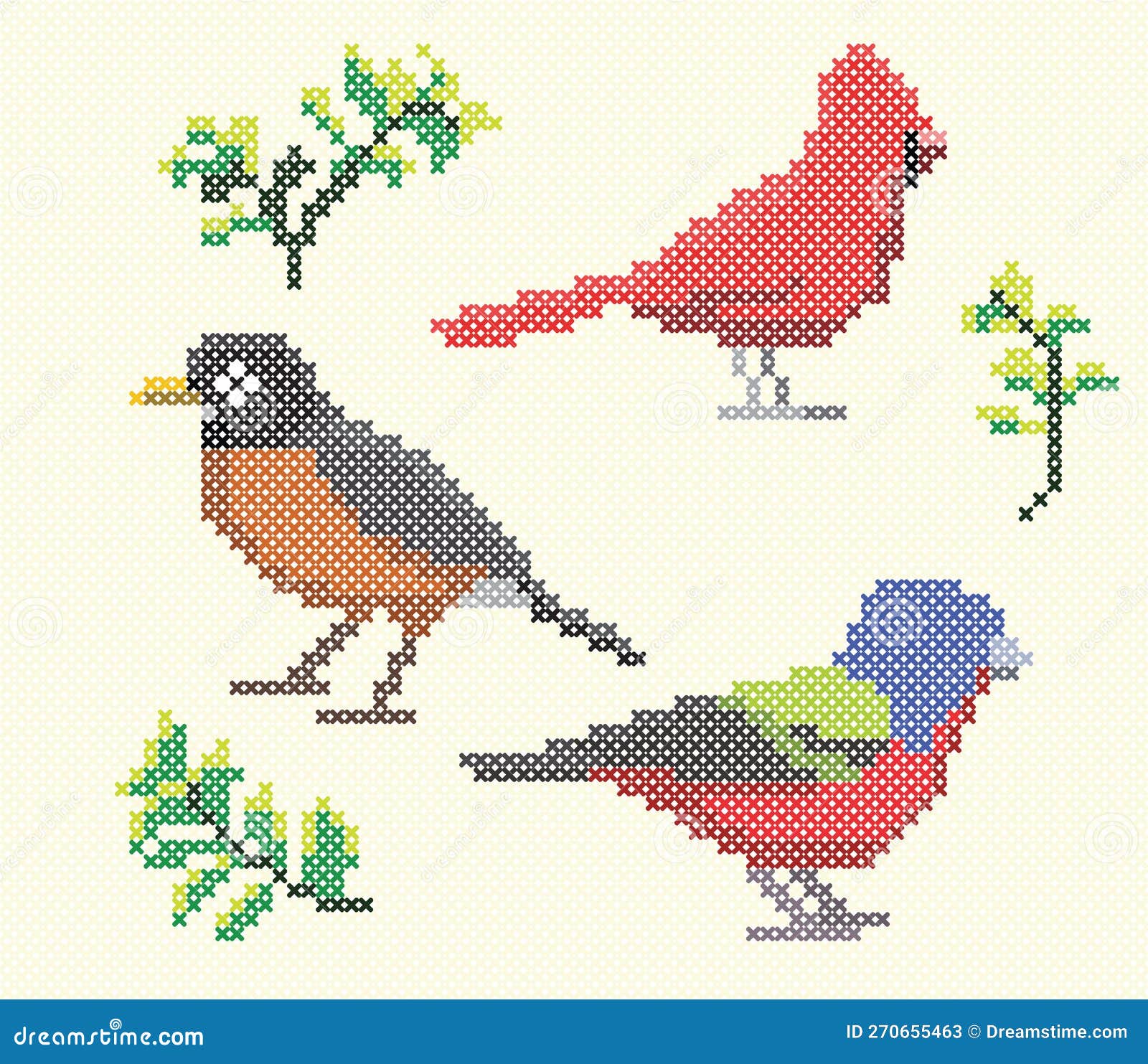 Cross Stitch Vector Element Bird Robin Cardinal Bunting Embroidery ...
