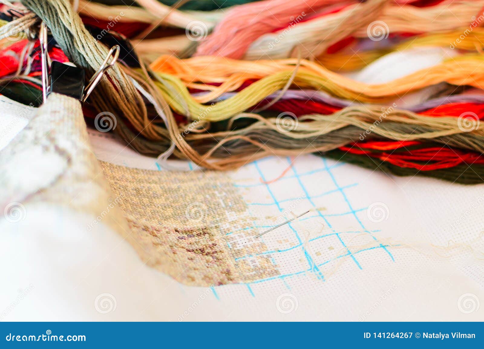 Cross-stitch Embroidery, Close-up. Multicolored Thread for Embroidery ... Cross-stitch Embroidery, Close-up. Multicolored Thread for Embroidery ...