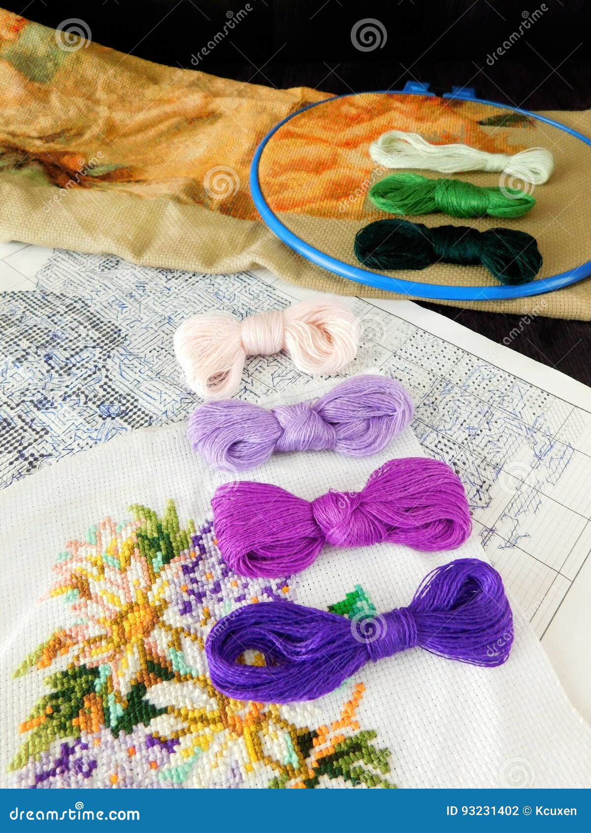 Cross-stitching Process and Threads Stock Photo - Image of project ...