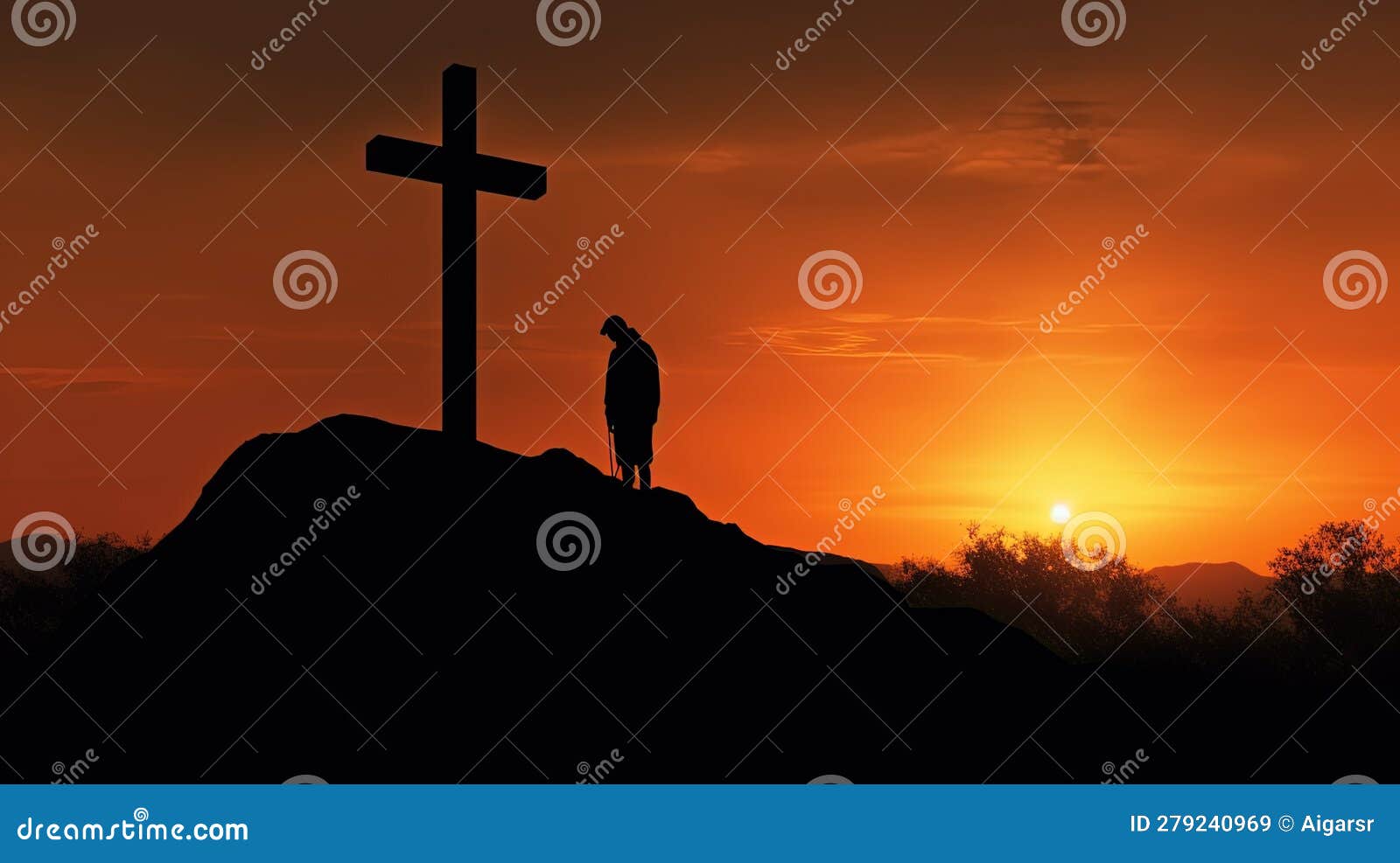 Man Praying Silhouetted By Sunset At Hilltop Cross Stock Image | CartoonDealer.com #309206473