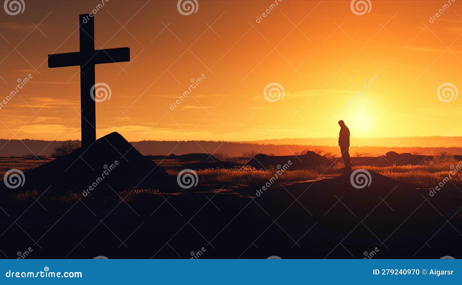 Man Praying Silhouetted By Sunset At Hilltop Cross Stock Image ...