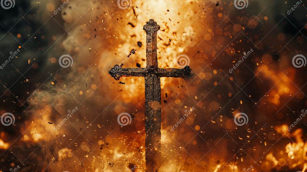 Cross Surrounded by Exploding Flames in Dramatic Setting Stock Image ...
