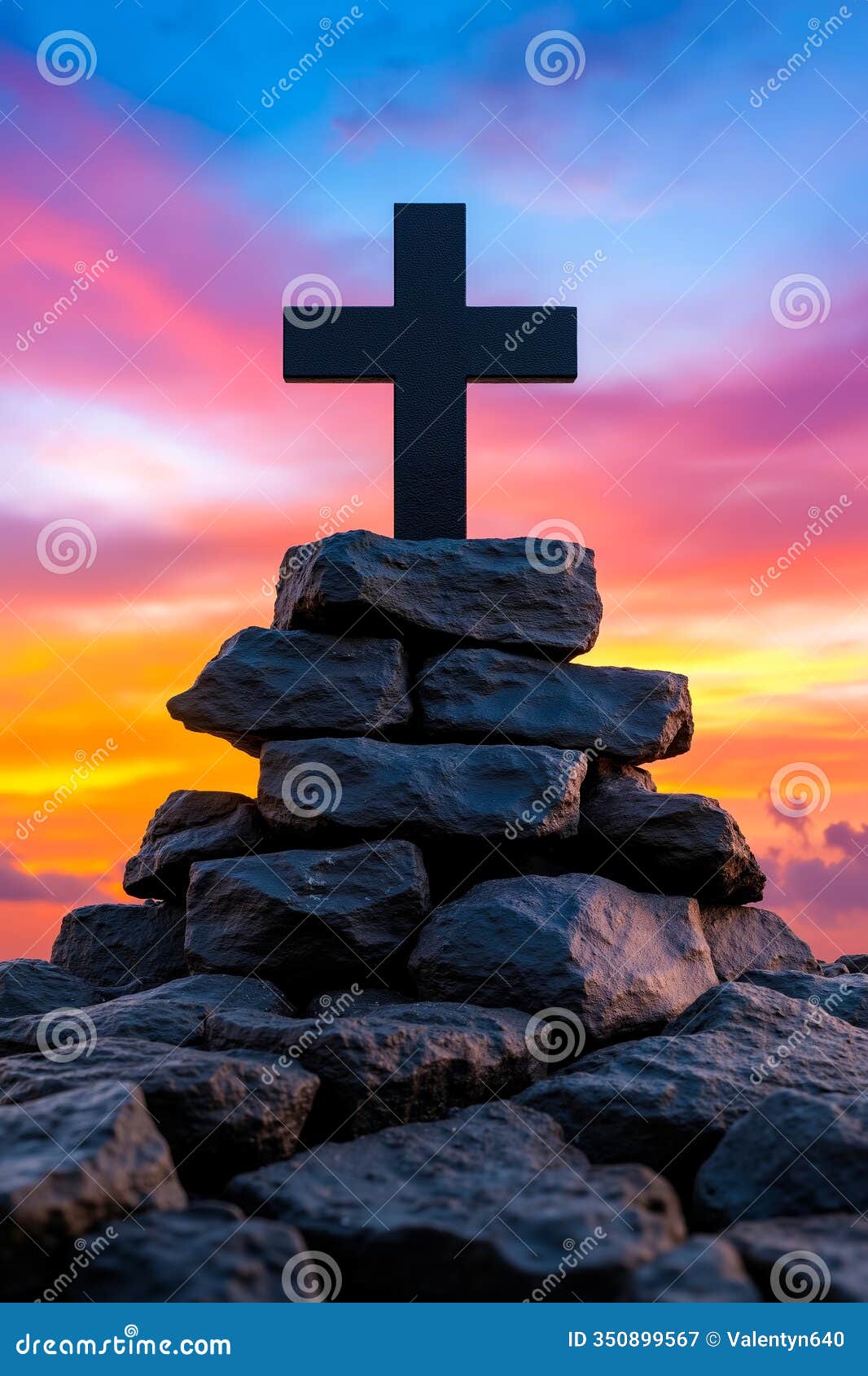 A Cross on Top of a Pile of Rocks at Sunset Stock Image - Image of ...