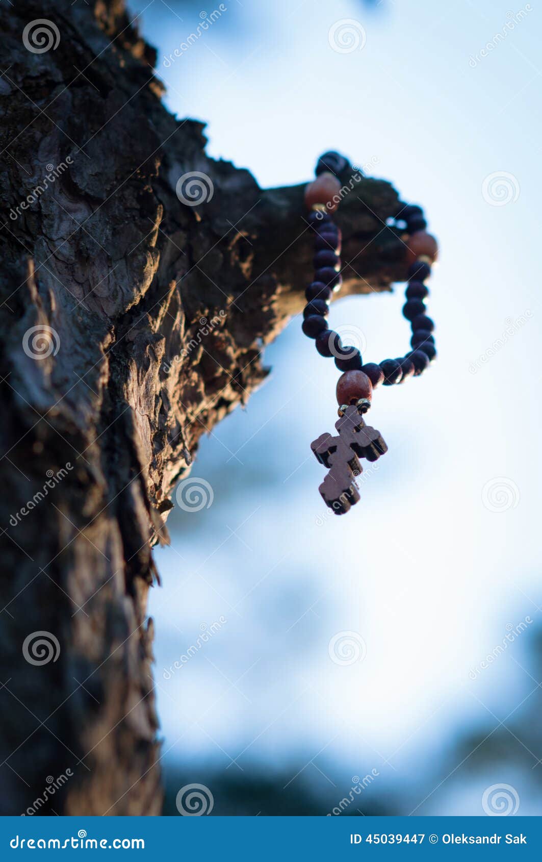 Cross in the Woods Hanging from a Tree Stock Image - Image of bead ...