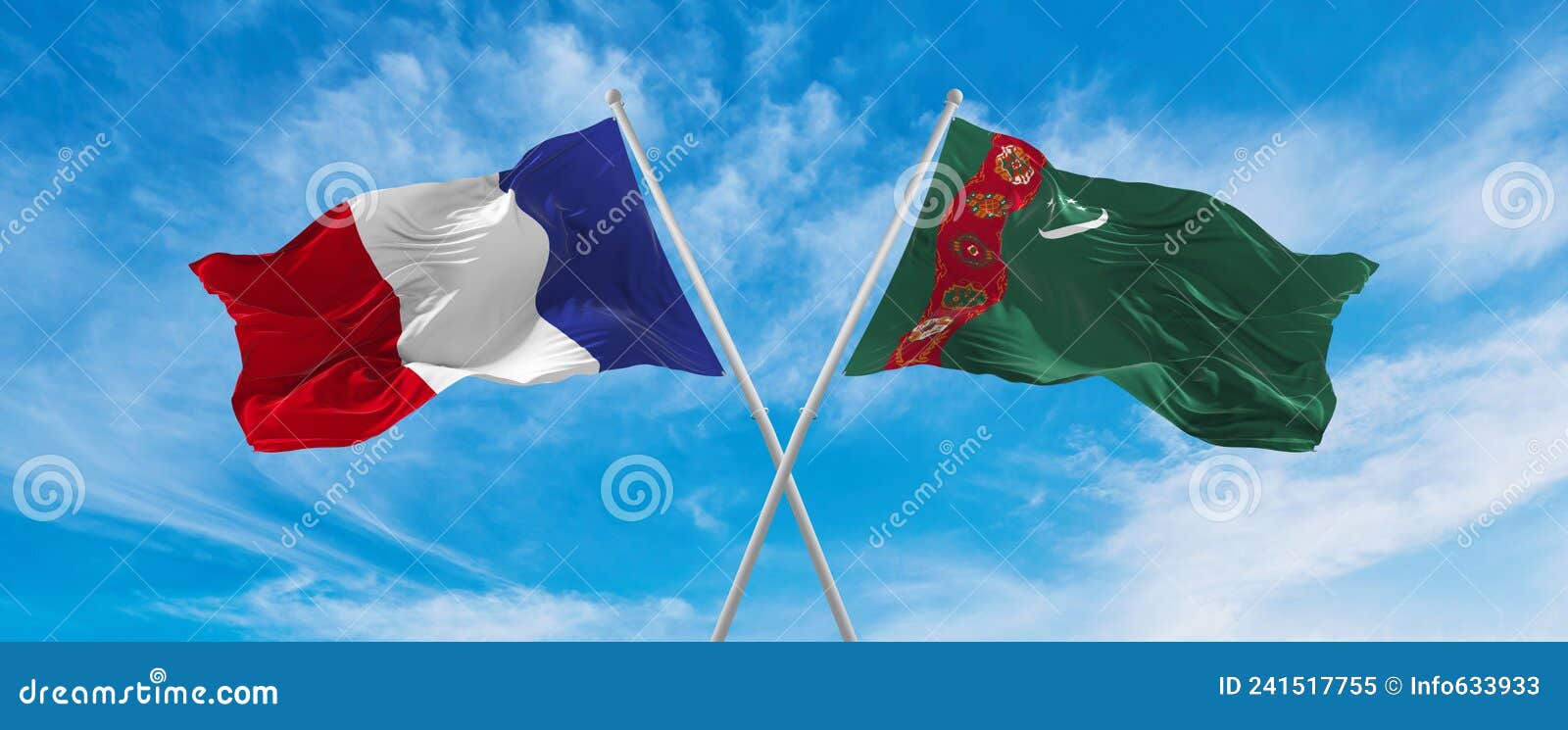 Crossed National Flags Of France And Turkmenistan Flag Waving In The