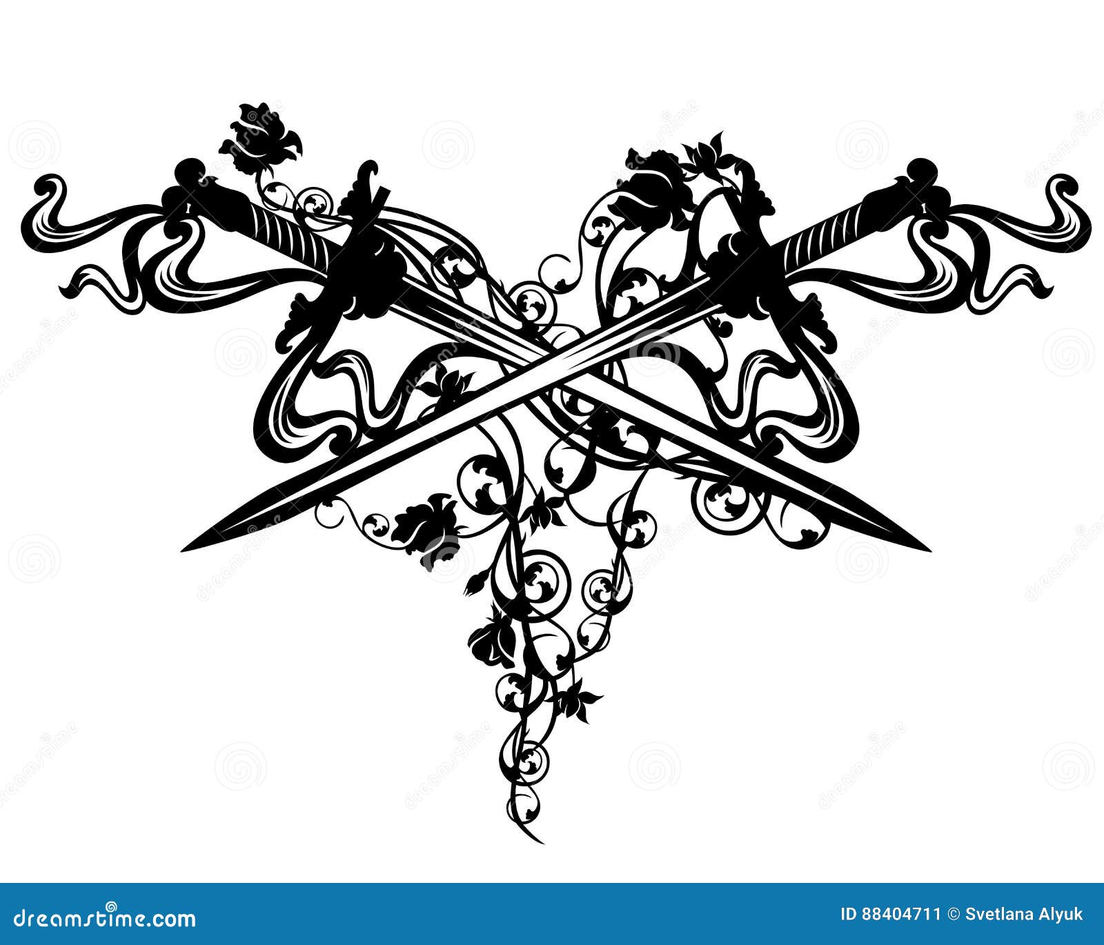 Crossed Swords among Rose Flowers Vector Design Stock Vector ...