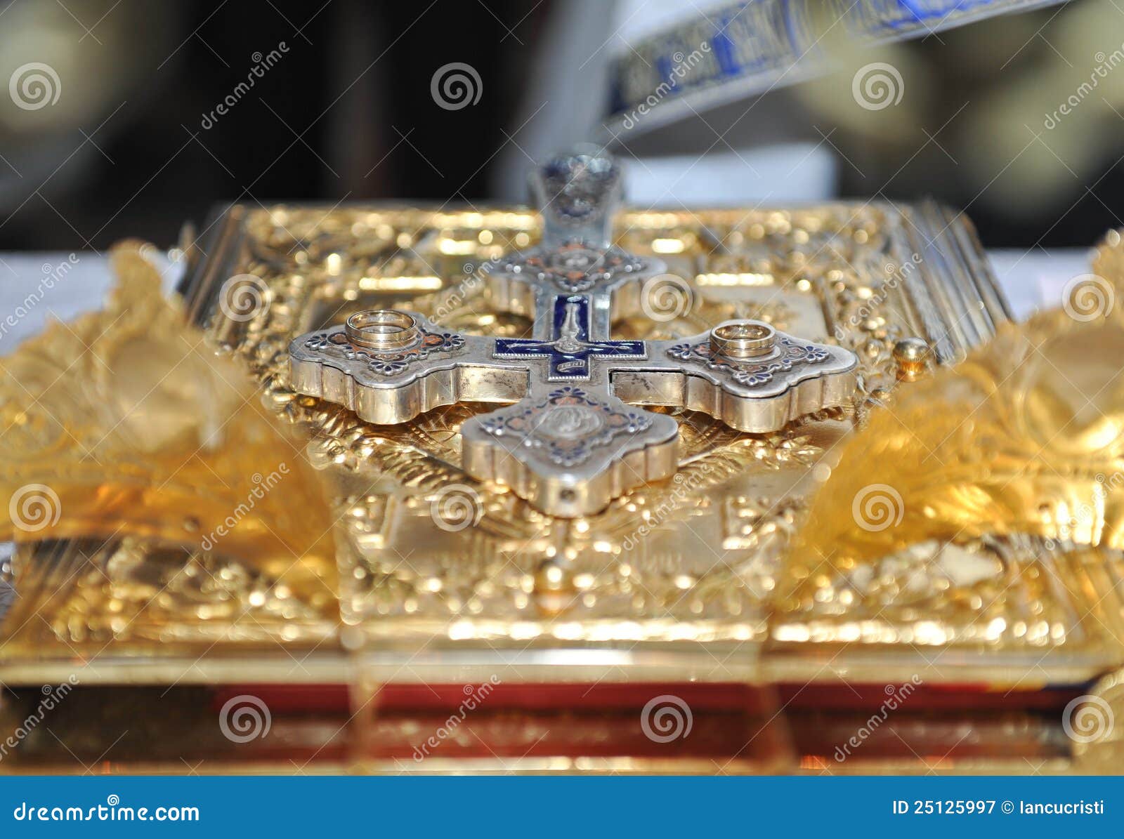 Crosses , Rings and Crowns of Gold on the Table Stock Image - Image of ...