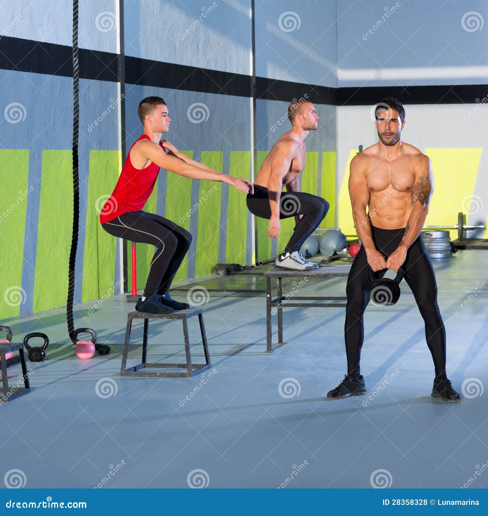 Crossfit Box Jump People Group and Kettlebell Man Stock Photo - Image ...