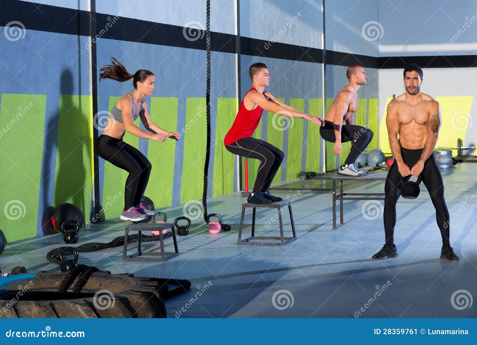 Crossfit Box Jump People Group and Kettlebell Man Stock Image - Image ...