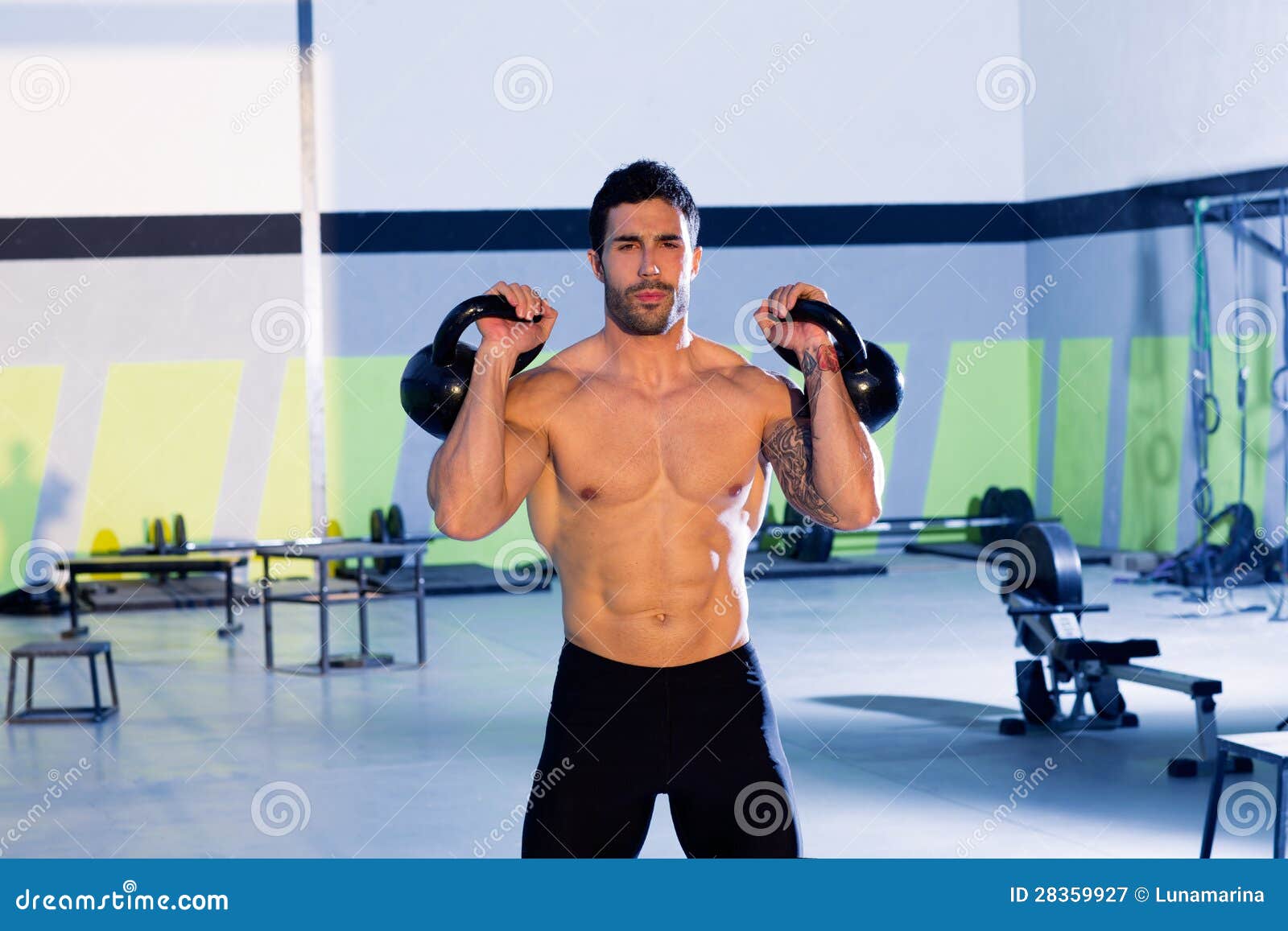 Crossfit Man Lifting Kettlebell Workout Exercise Stock Image - Image of ...