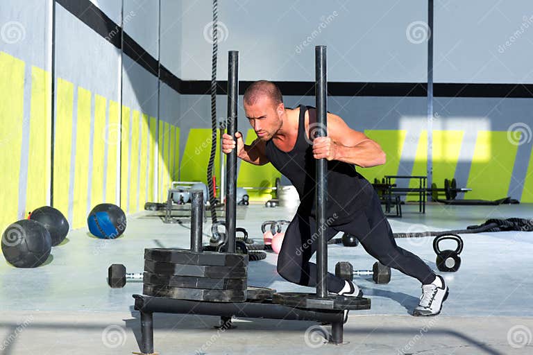 Crossfit Sled Push Man Pushing Weights Workout Stock Photo - Image of ...