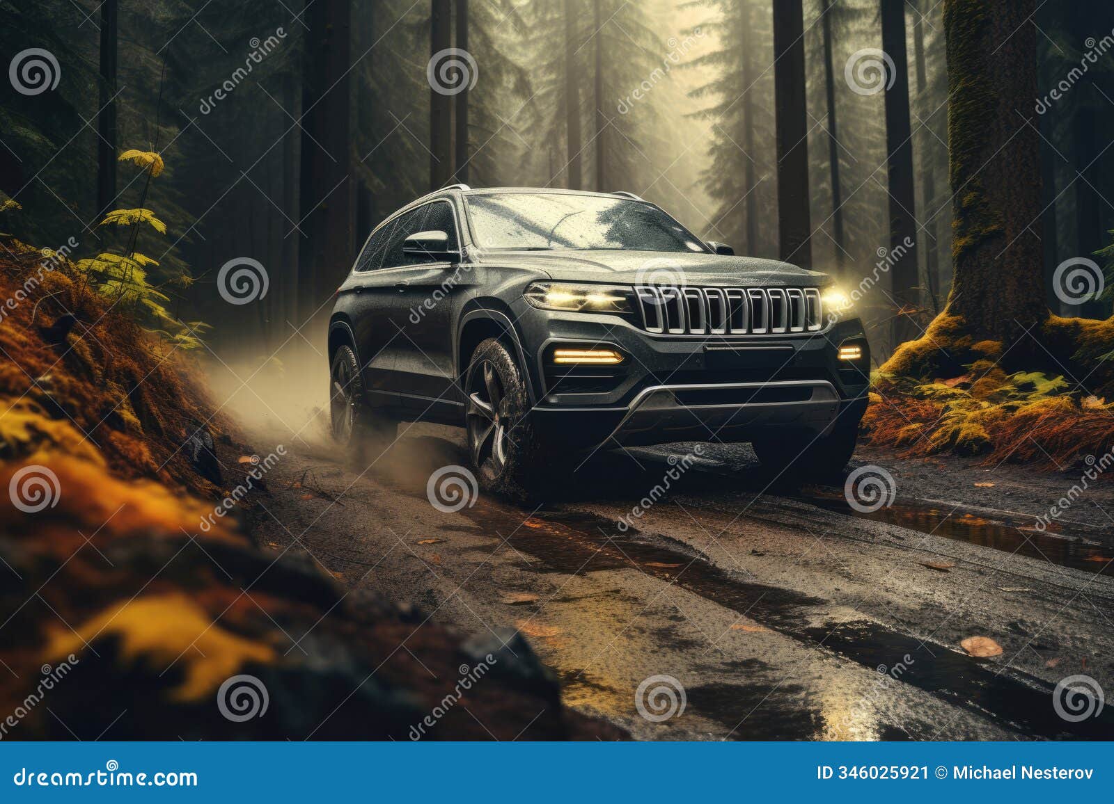 Crossover SUV Car Driving Along a Forest Road Stock Image - Image of ...