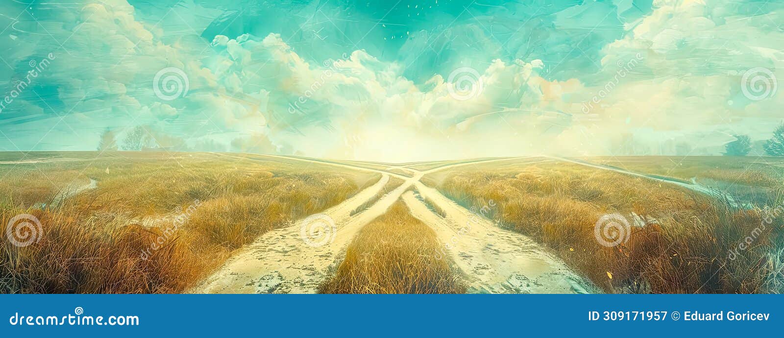 Crossroads in Golden Field Under Cloudy Sky Stock Image - Image of ...