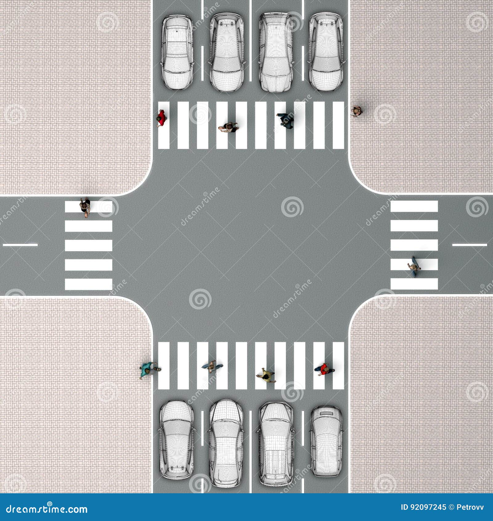 Crossroads With Pedestrian Crossings. View From Above. Humorous ...