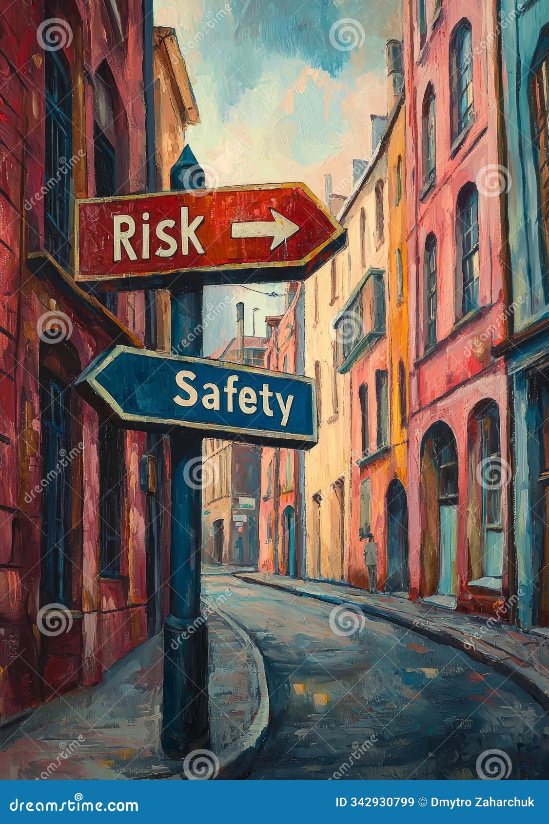 A Crossroads with Signs Pointing Toward Risk and Safety. Stock Image ...