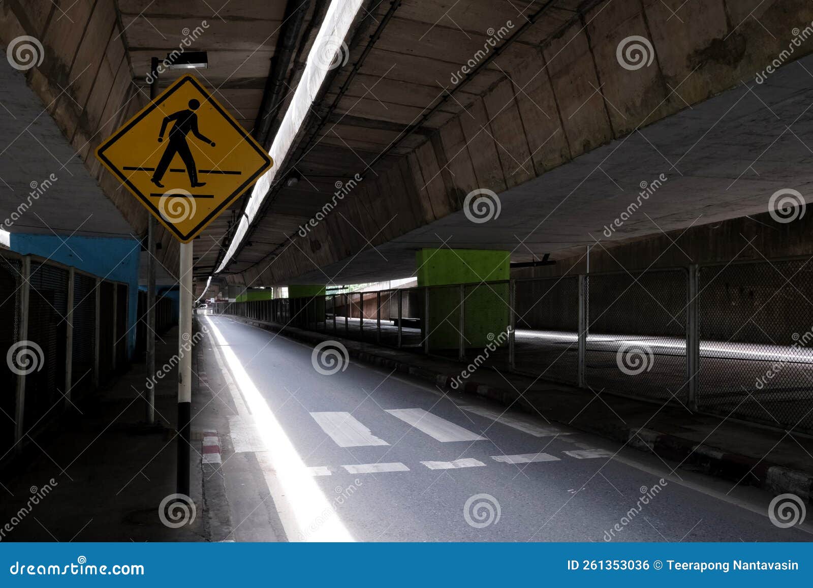 Crosswalk and Sign Under Overpass. Stock Photo - Image of asphalt ...