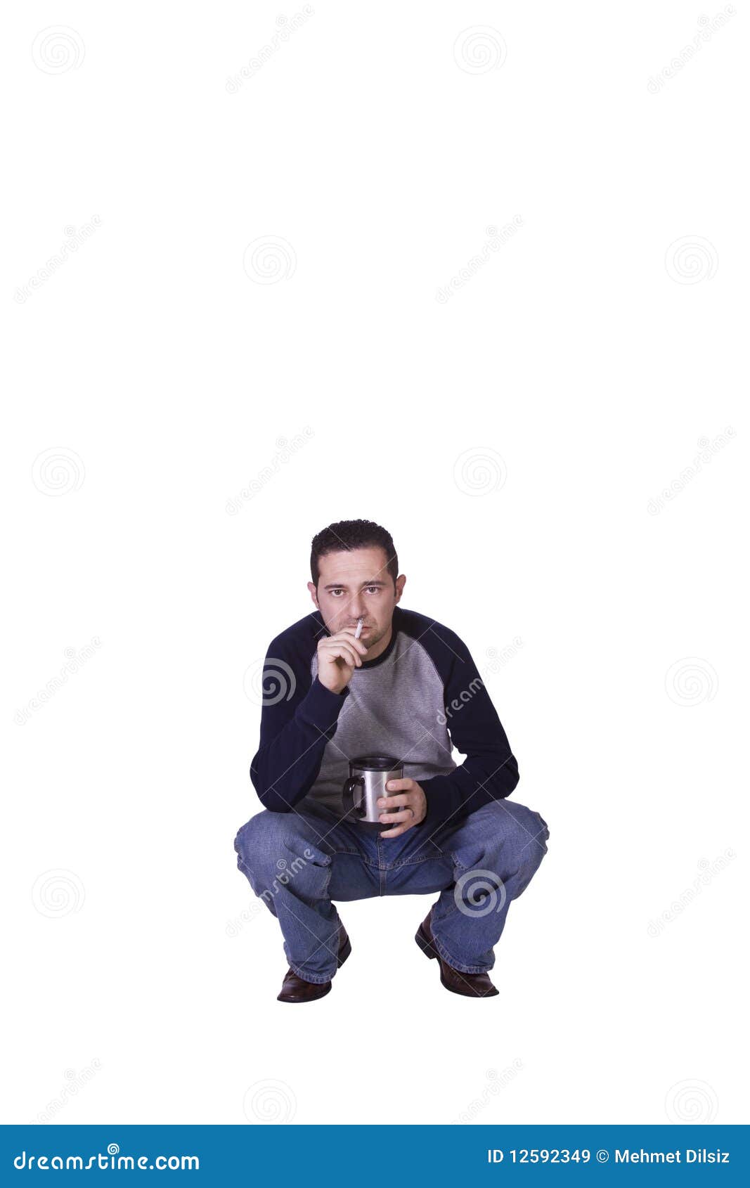 Crouched Man Smoking and Drinking Coffee Stock Image - Image of stand ...