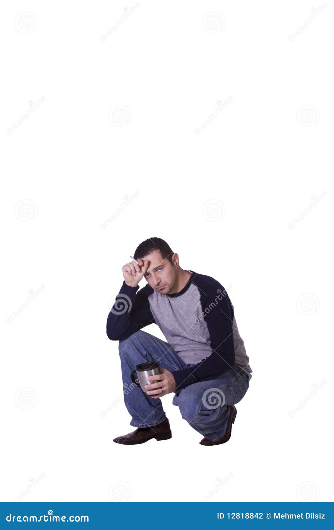 Crouched Man Smoking and Drinking Coffee Stock Photo - Image of looking ...