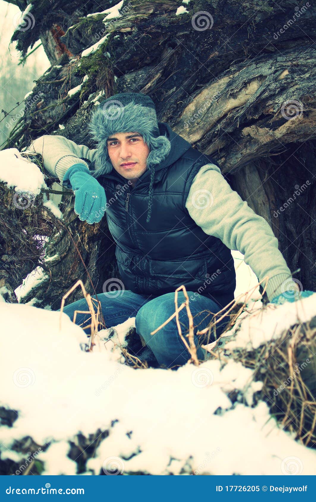 Crouching Handsome Young Man in Winter Stock Image - Image of nature ...