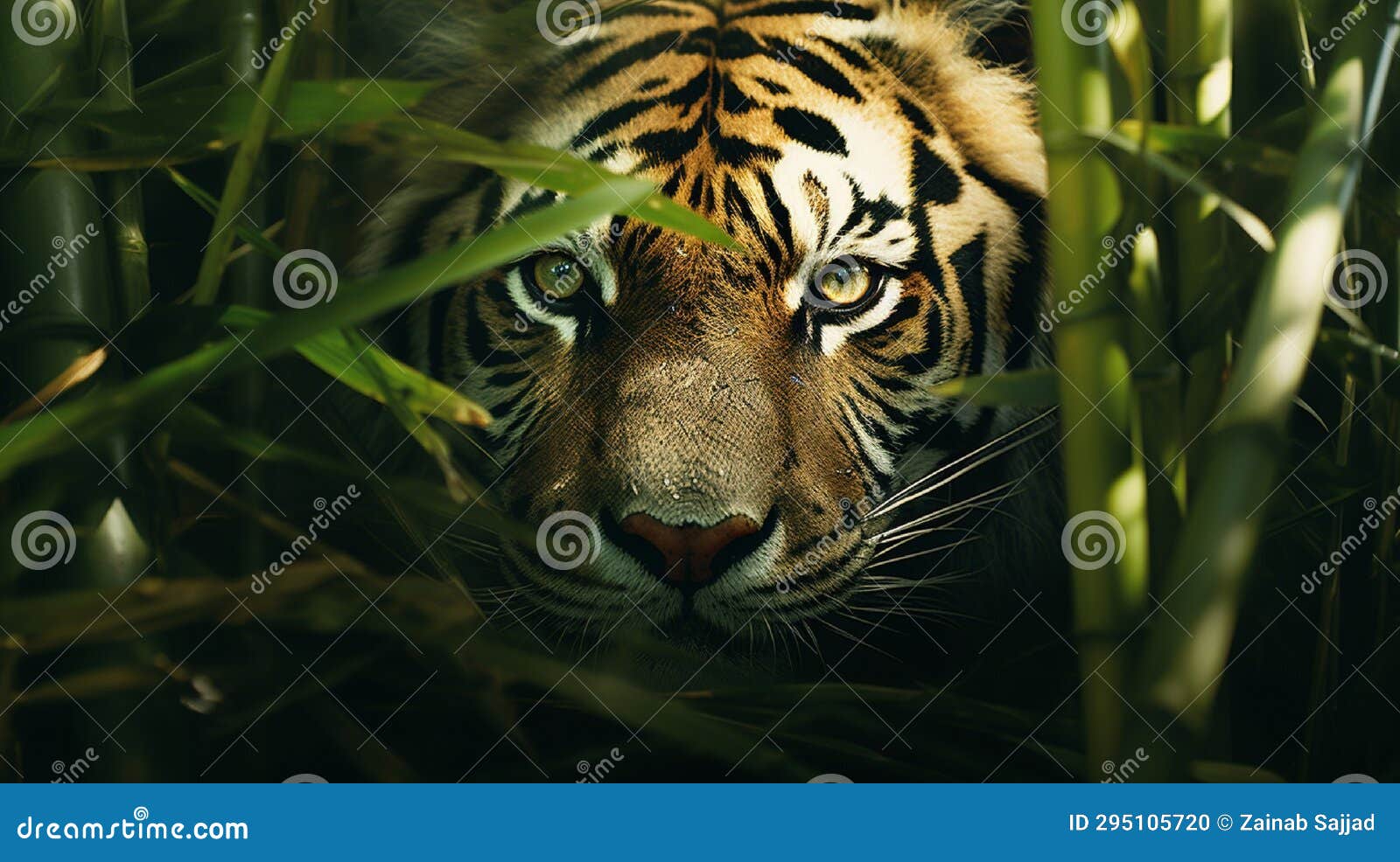 A Crouching Tiger Amid Bamboo Stalks with Its Sharp Eyes Stock ...
