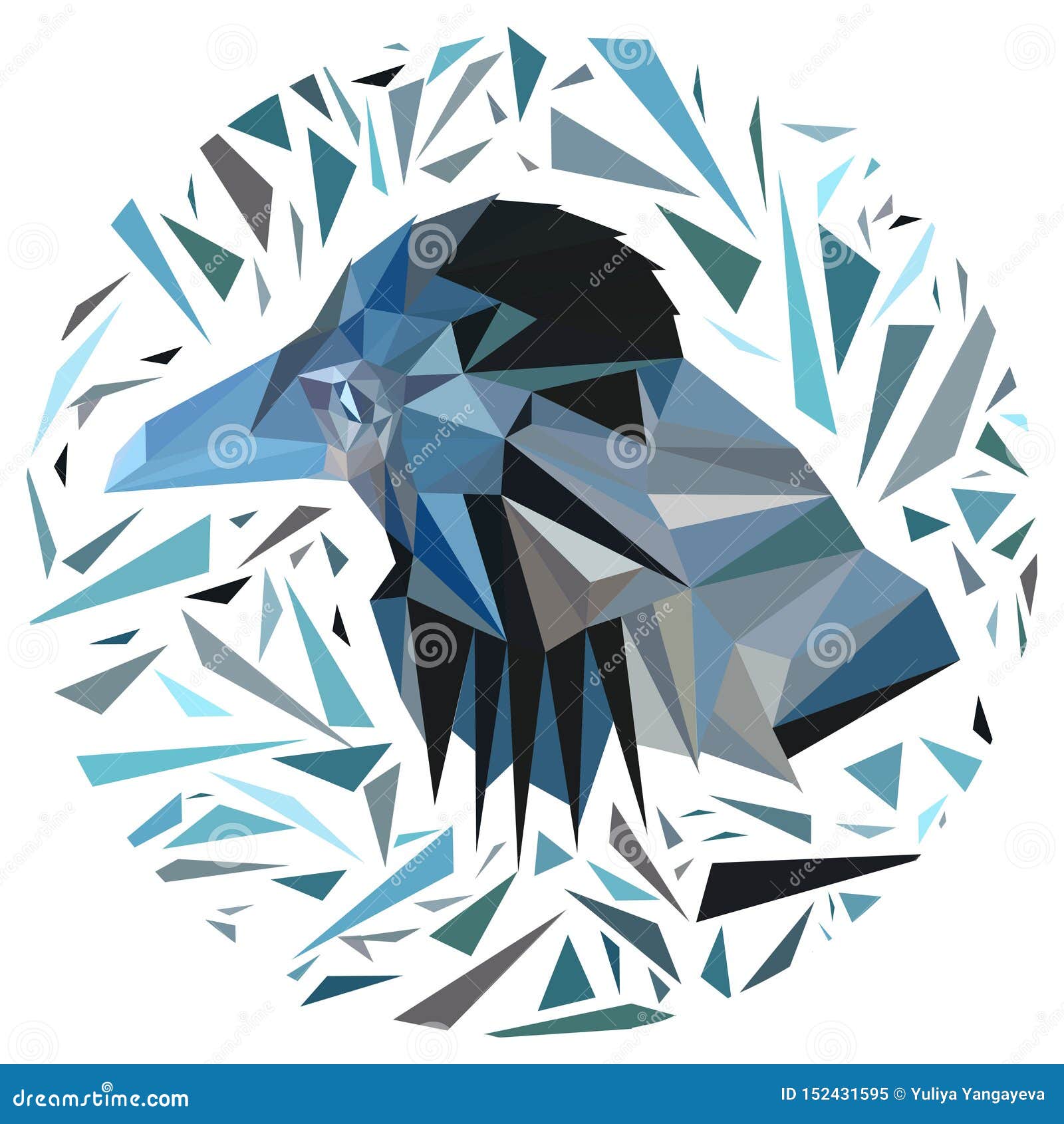 Crow in Azure Tones Framed by Triangles Scattered in a Circle Stock ...