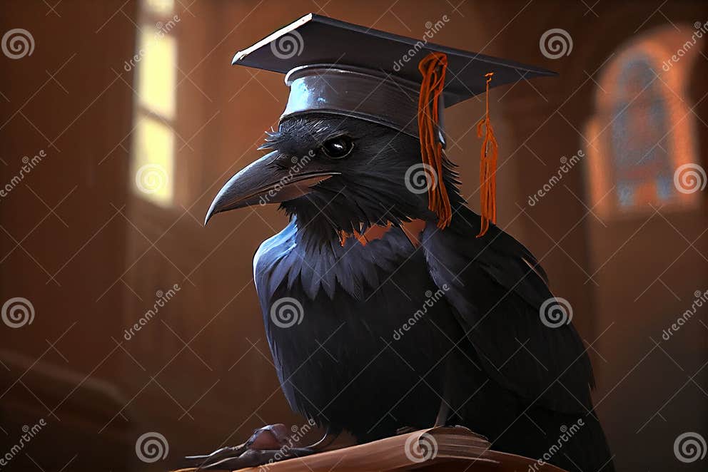 Crow with Bachelor Cap Outdoors Stock Illustration - Illustration of ...