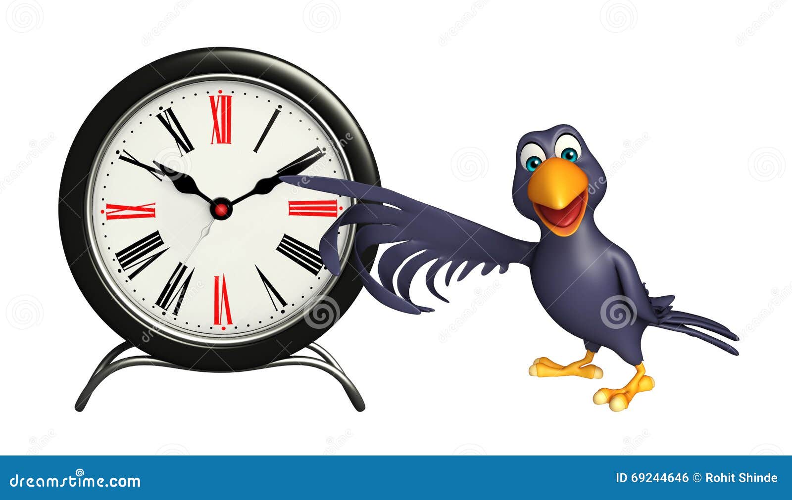 Crow Cartoon Character with Clock Stock Illustration - Illustration of ...