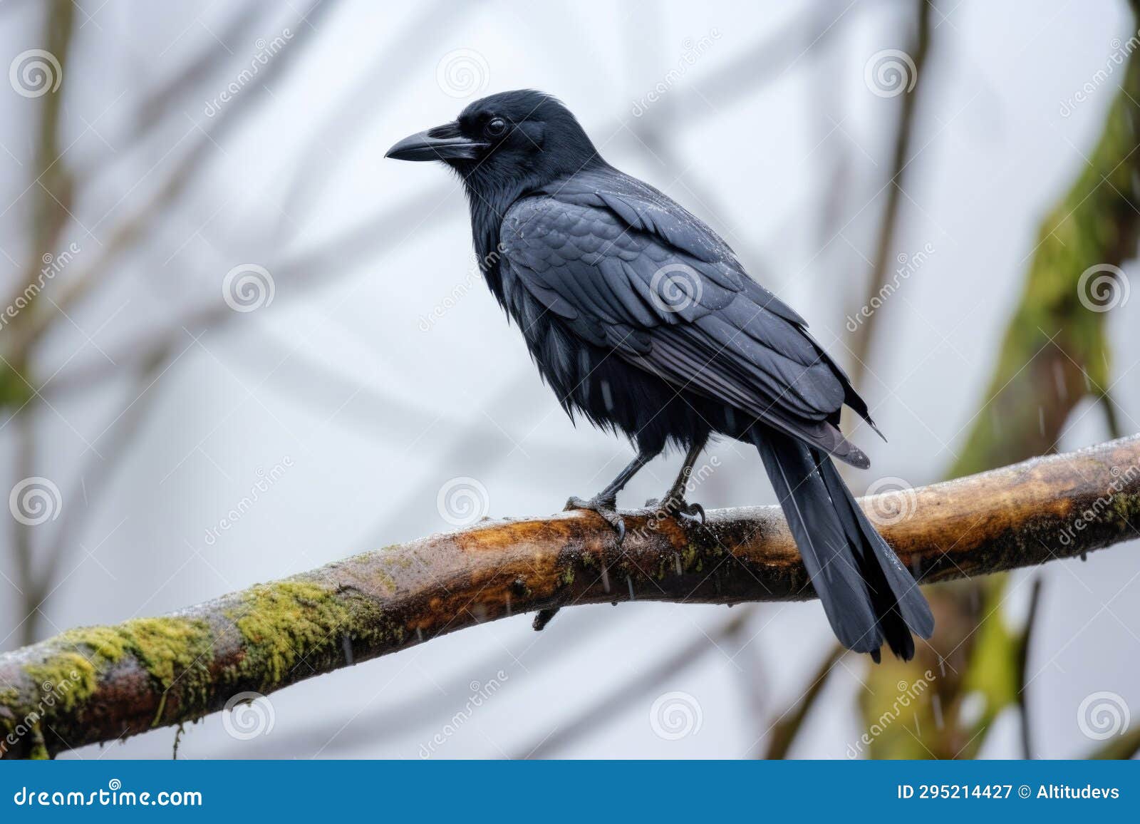 Crow Cawing on a Tree Branch in Overcast Sky Stock Illustration ...