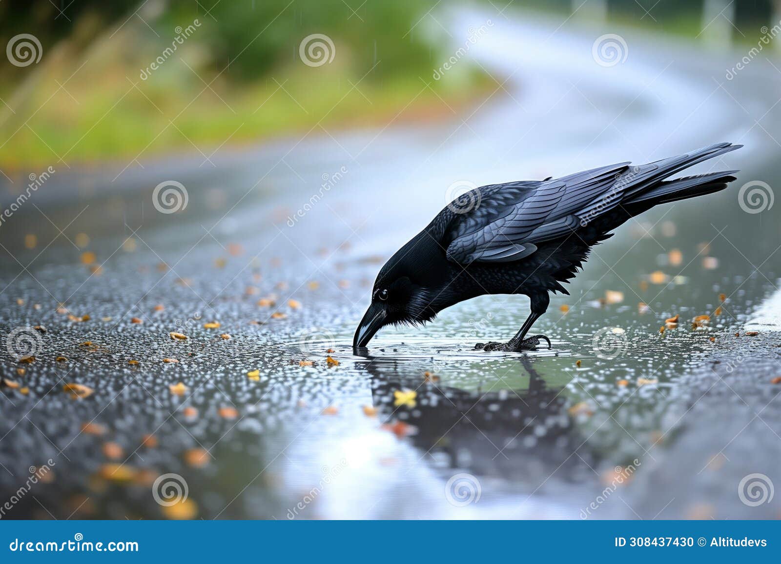 Crow Dipping Its Beak into a Roadside Rain Puddle Stock Photo - Image ...