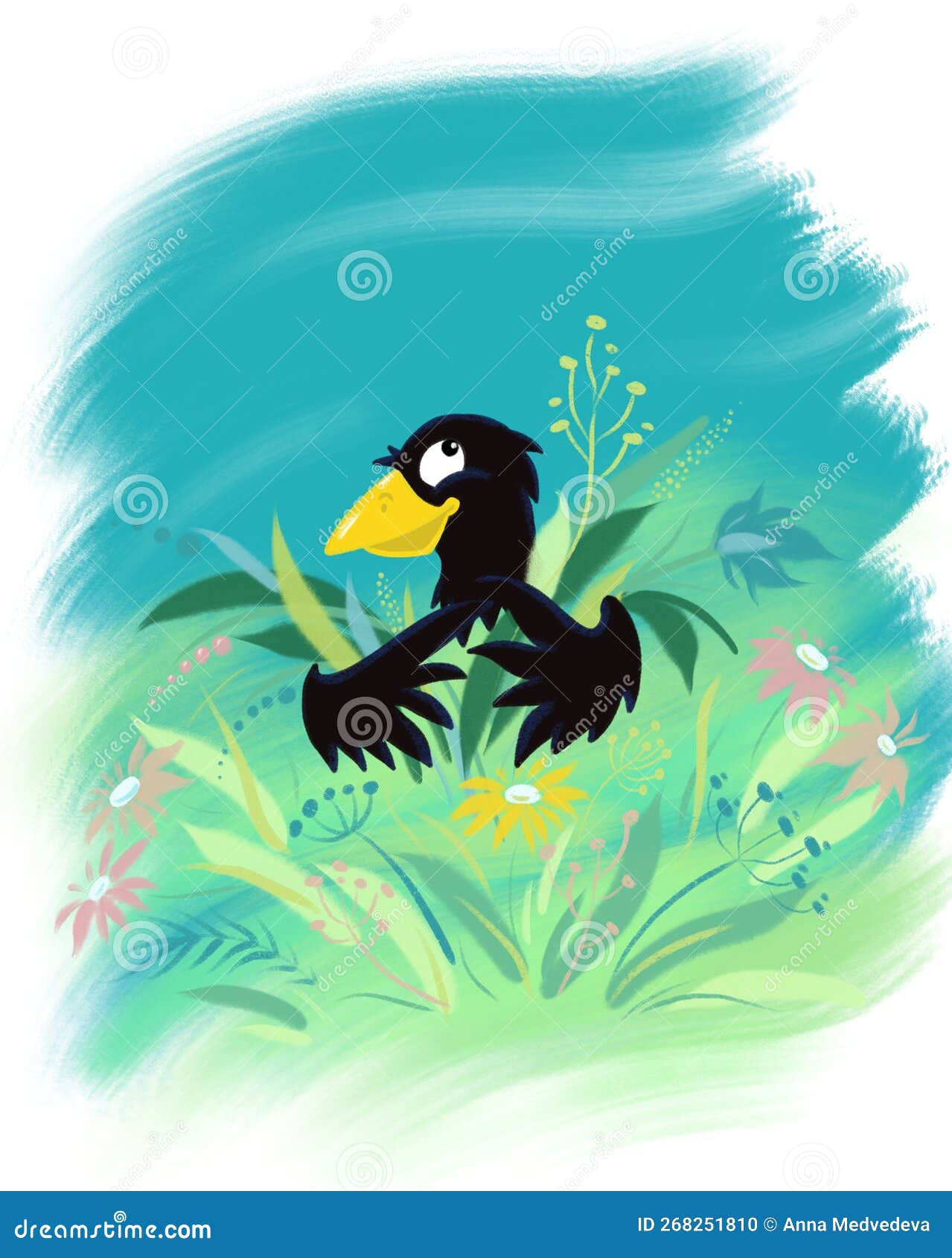 Crow with Flowers in the Meadow Stock Photo - Illustration of smiling ...
