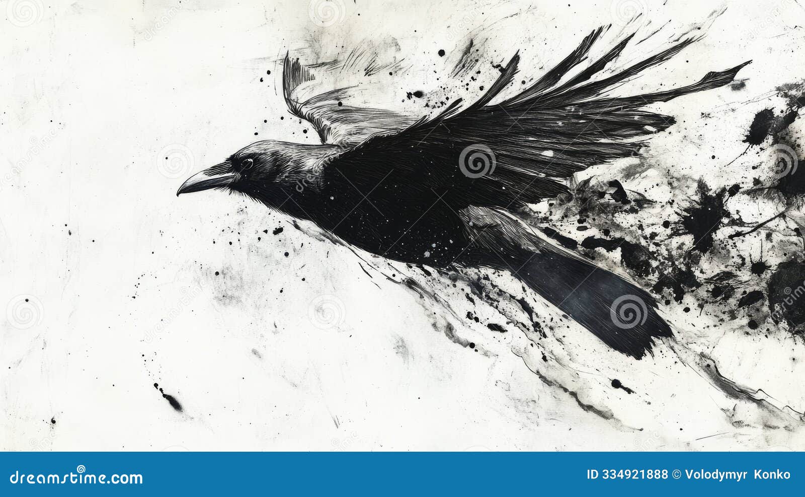 Crow Flying in Dynamic Black and White Ink Splash Stock Photo - Image ...