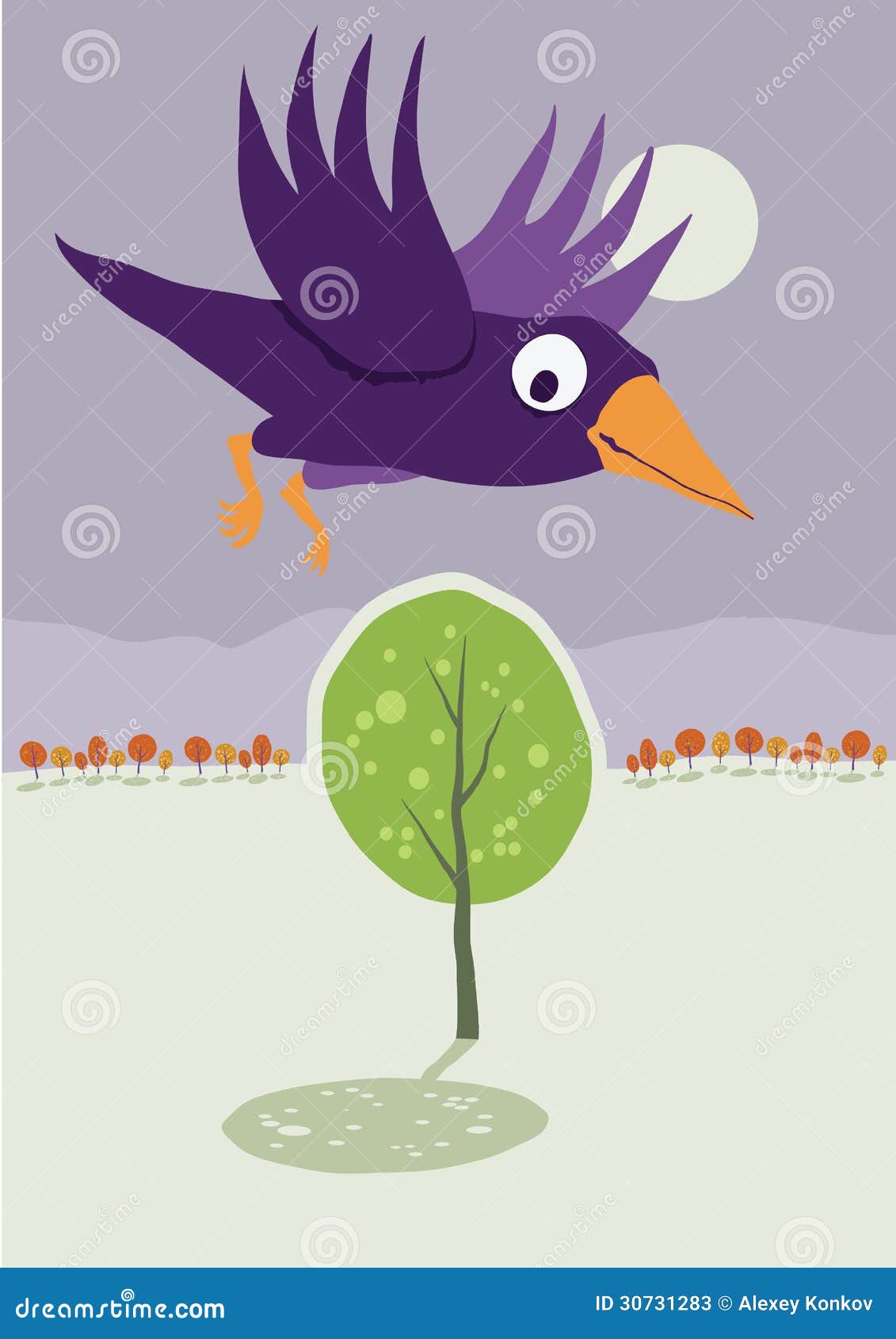 Crow Flying Over Tree. Vector Cartoon Landscape. Stock Vector ...