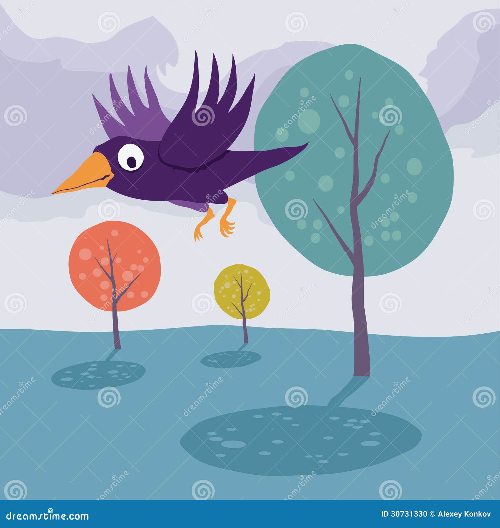 Crow Flying Over Tree. Vector Cartoon Landscape Stock Vector ...