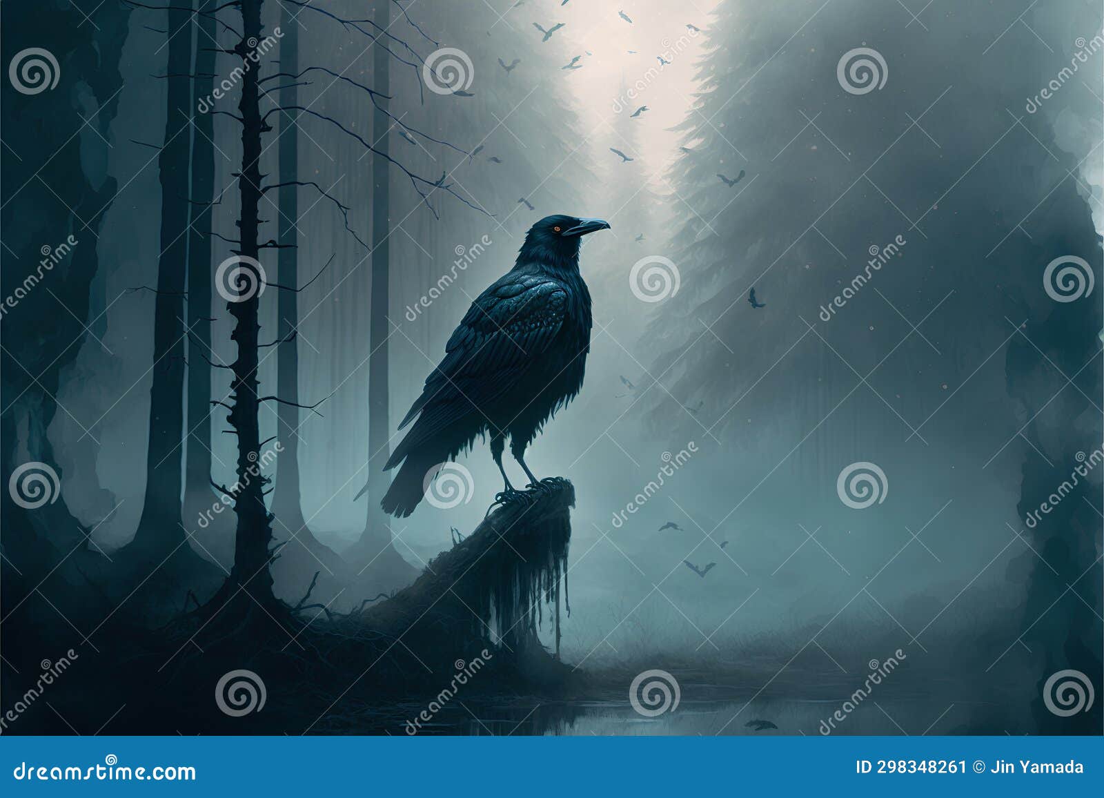 Crow in the Forest. 3D Illustration. Fantasy Landscape Stock ...