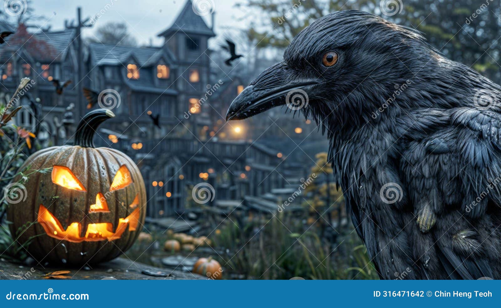 A Crow in Front of a Haunted House Stock Illustration - Illustration of ...