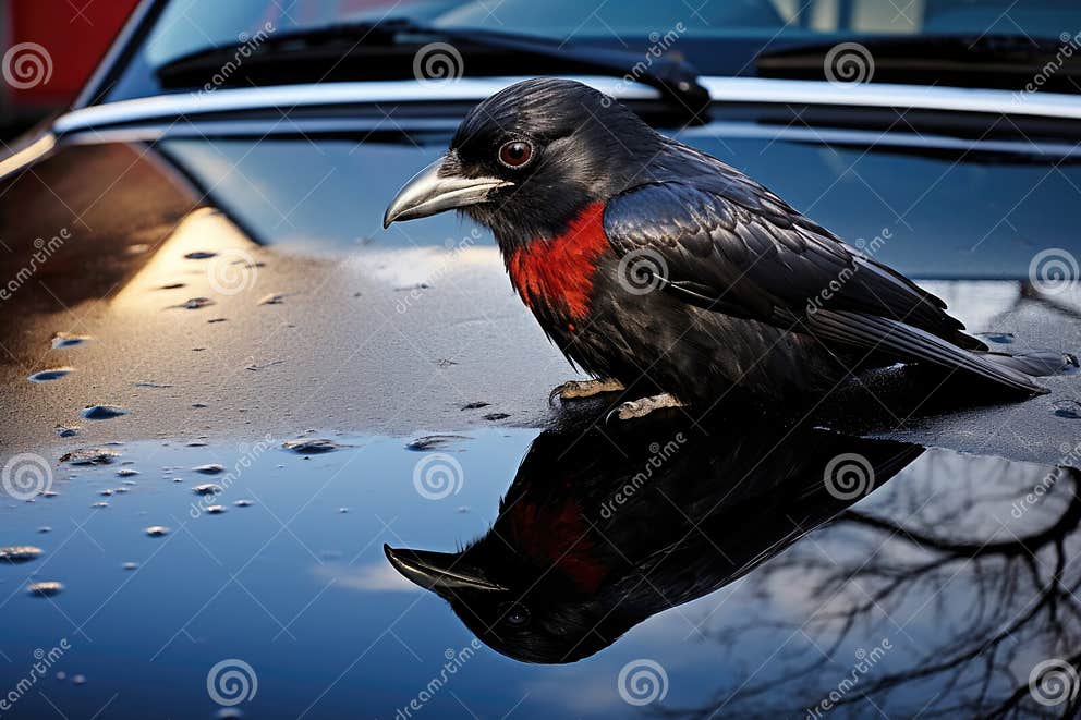 A Crow Looking at Its Reflection on a Shiny Car Bonnet Stock Image ...